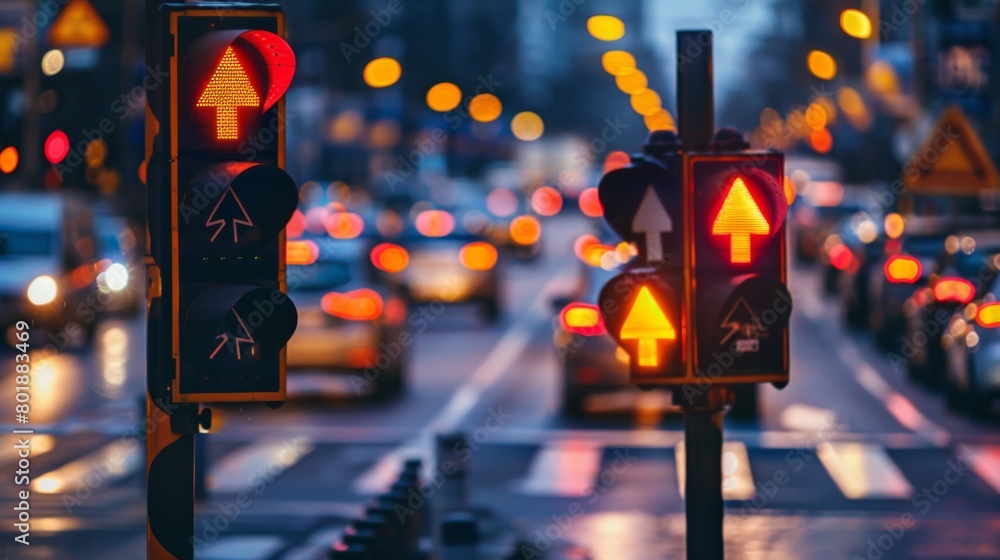 A traffic signal with arrows indicating the direction of travel for ...