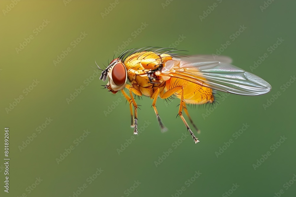 high-speed photograph of a fruit fly in mid-flight with vibrant golden ...