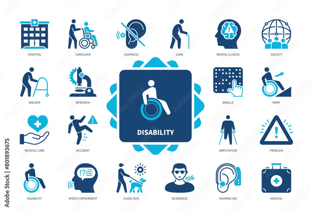 Disability icon set. Deafness, Mental Illness, Amputation, Blindness ...