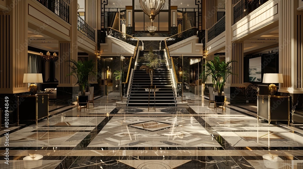 Art Deco-inspired boutique hotel lobby with marble floors, geometric ...