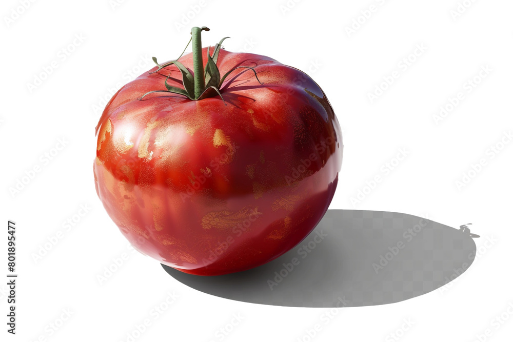 A single, perfectly ripe tomato with a stem attached, casting a soft ...