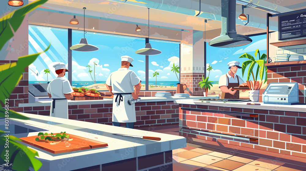 Chef in the kitchen provides cooking training to students.Schoolgirls ...