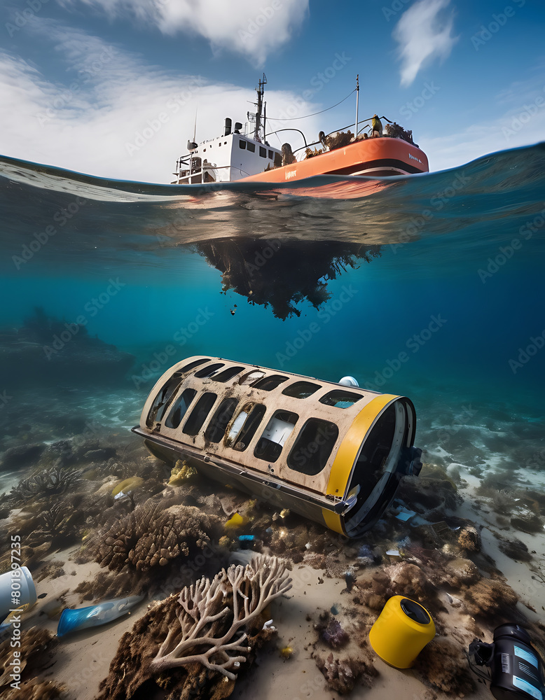 Underwater scene with waste debris on the ocean floor. Plastic waste ...