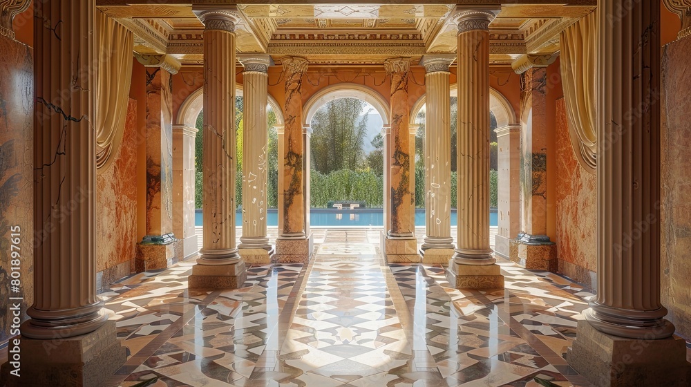 Ancient Roman villa-inspired interiors with marble columns, mosaic ...