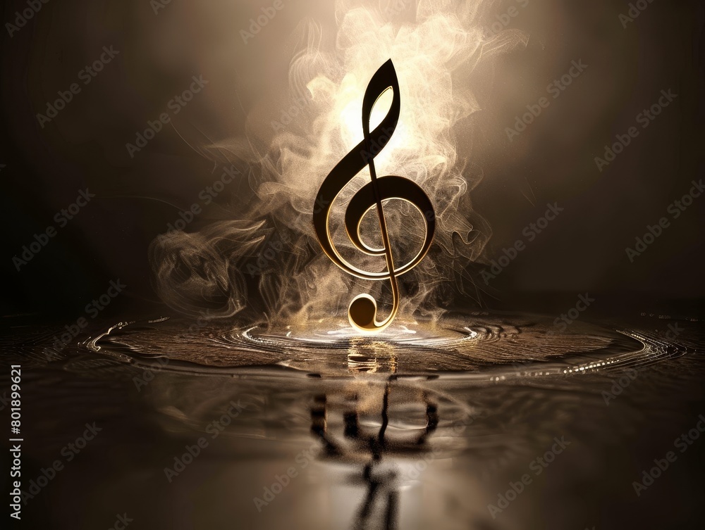 An artistic image of a treble clef symbol emerging from swirling smoke ...