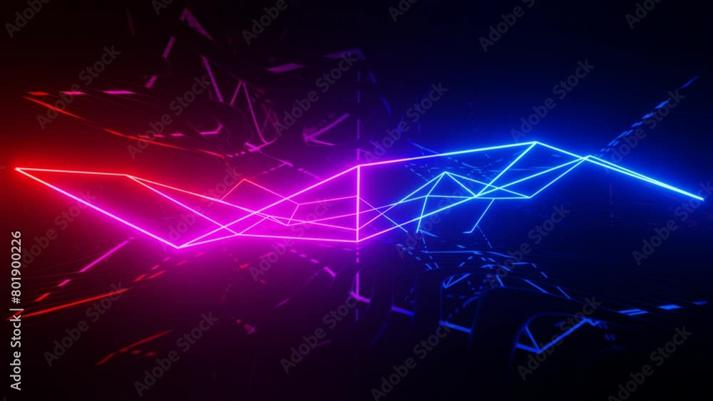 Vj loop mirror room with fly neon frame waving surface. Abstract ...