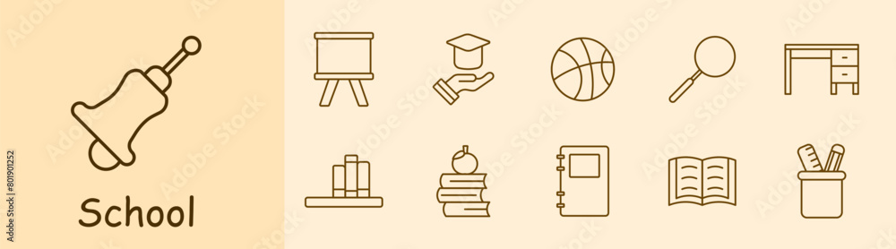 School set icon. School bell, blackboard, student cap, learning, school ...