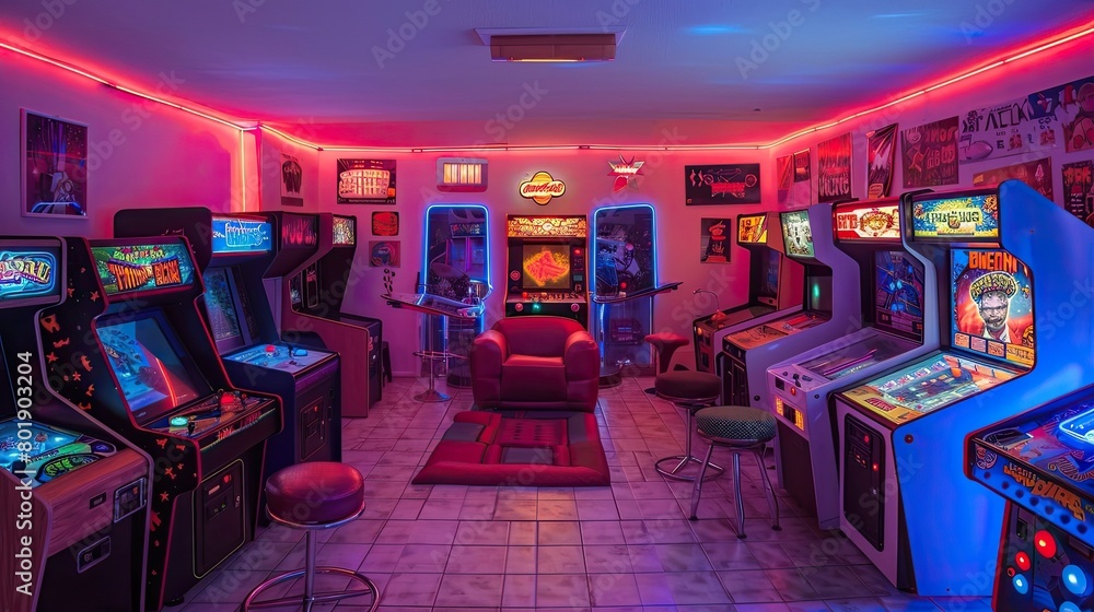 Retro gaming room featuring vintage arcade games, neon lights, and ...