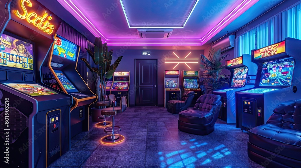 Retro gaming room featuring vintage arcade games, neon lights, and ...