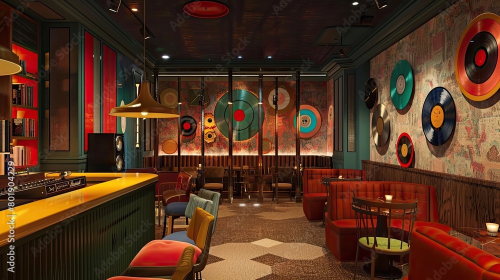 Retro vinyl record-themed bar with record player DJ booth, vinyl-lined ...