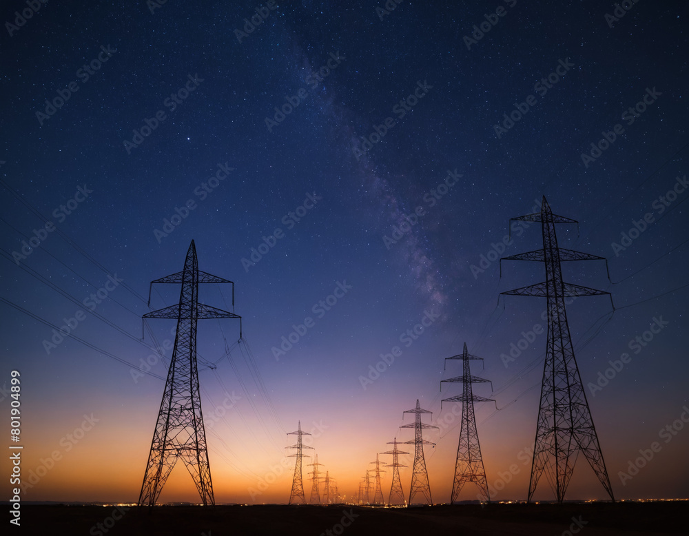 Silhouette of Electrical Power Lines at Dusk with Starry Night Sky and ...