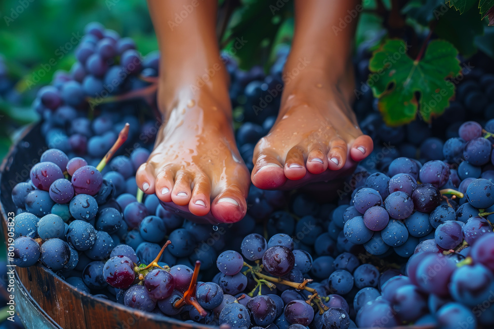Beautiful female feet in a bowl with grapes, trample knead grape juice ...