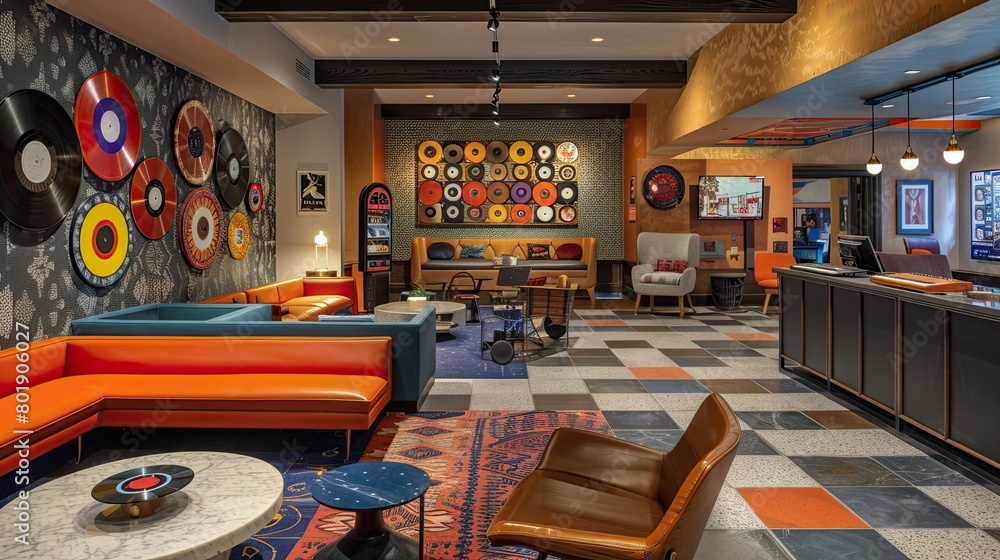Retro vinyl record-themed hotel lobby with vinyl-inspired decor ...