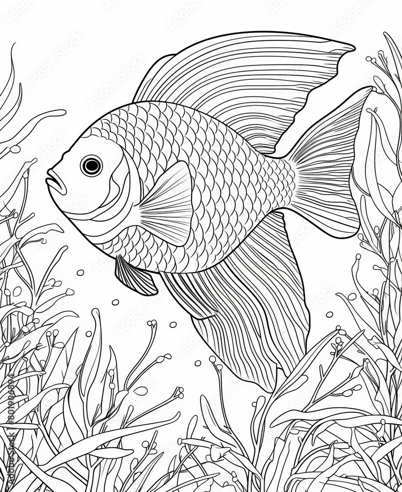 coloring page, exuberant discus fish escaping through aquatic foliage ...