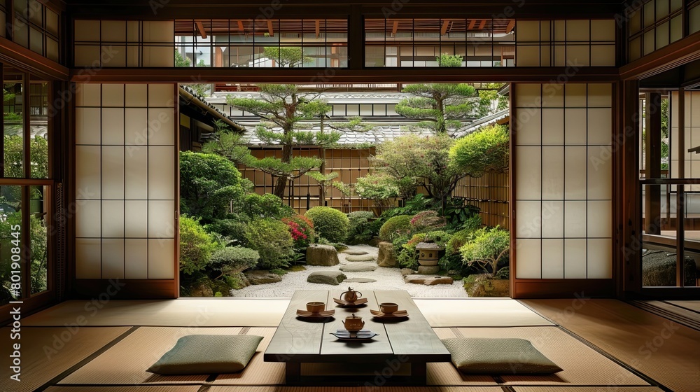 Traditional Japanese ryokan with tatami mat flooring, sliding shoji ...