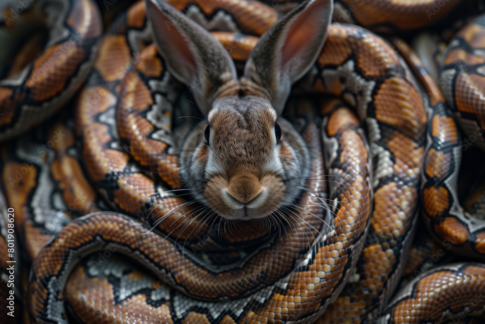 Cute fluffy rabbit victim surrounded by poisonous snake in a trap ...