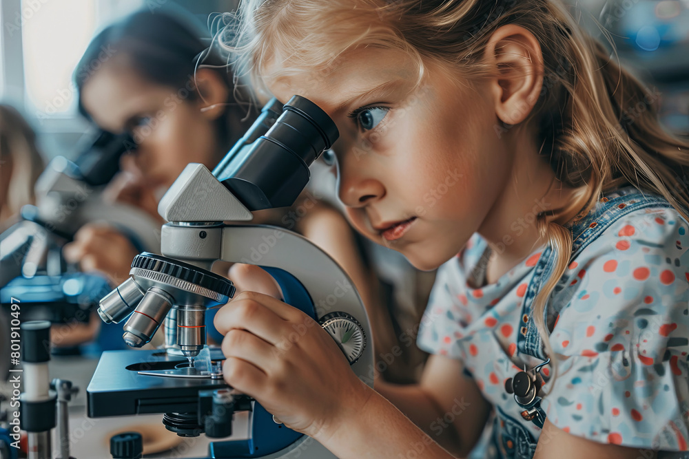Little Girls Using Microscope Learning Science Class Stock Photo ...