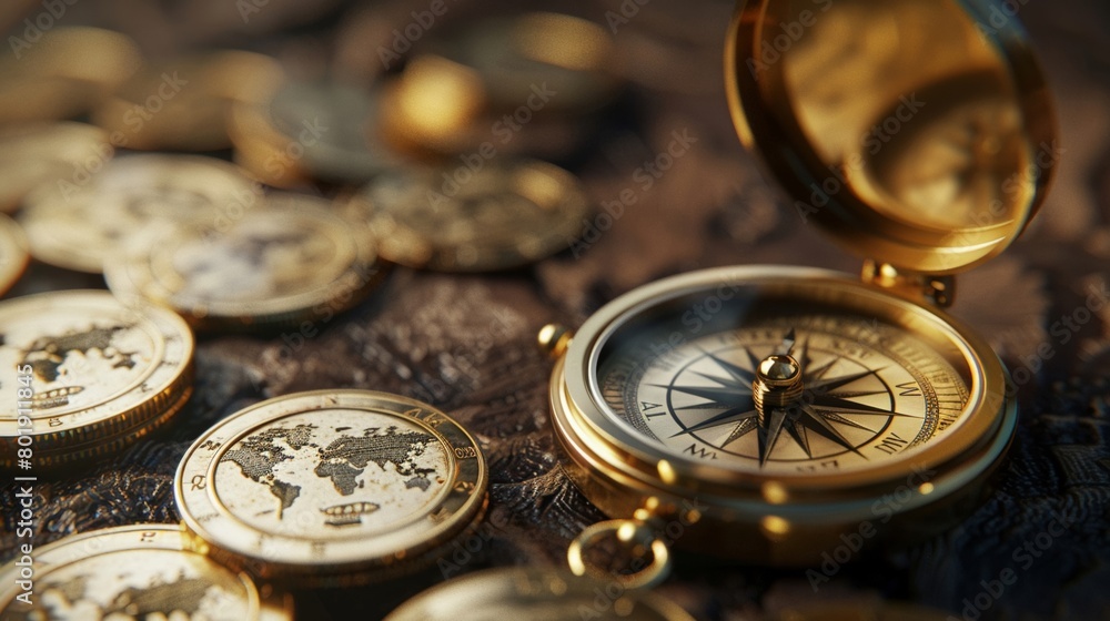 A captivating 3D model of a compass pointing towards a stack of gold ...