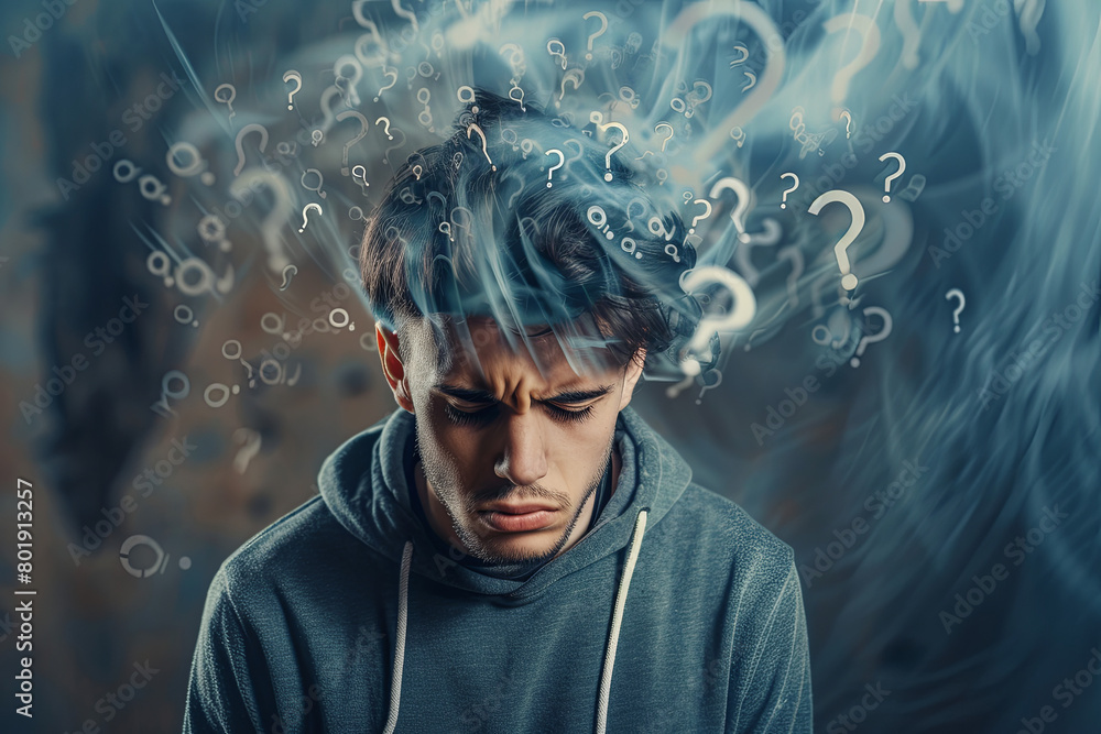 Sad young man with worried stressed face expression and brain melting ...