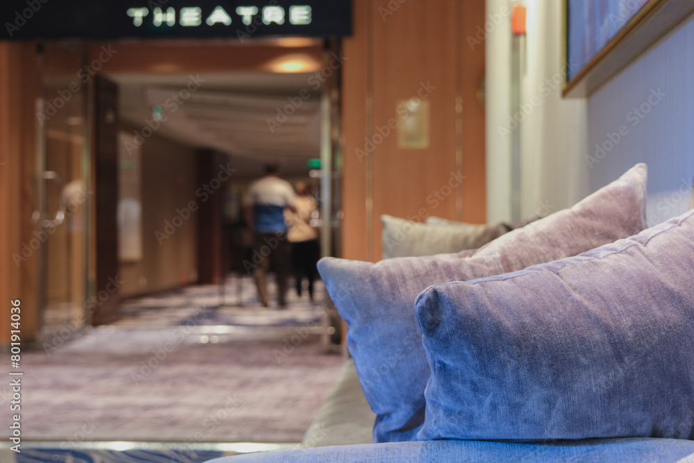 Entry to Show Lounge or large theatre with stage and seating blue on ...