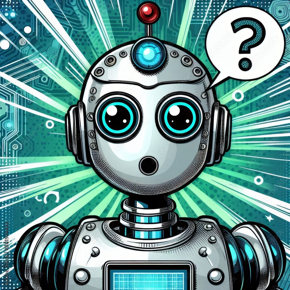 Curious Robot with Question Mark, Digital Background Stock Illustration ...