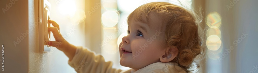 Child reaching up to turn off light switch, learning responsibility ...