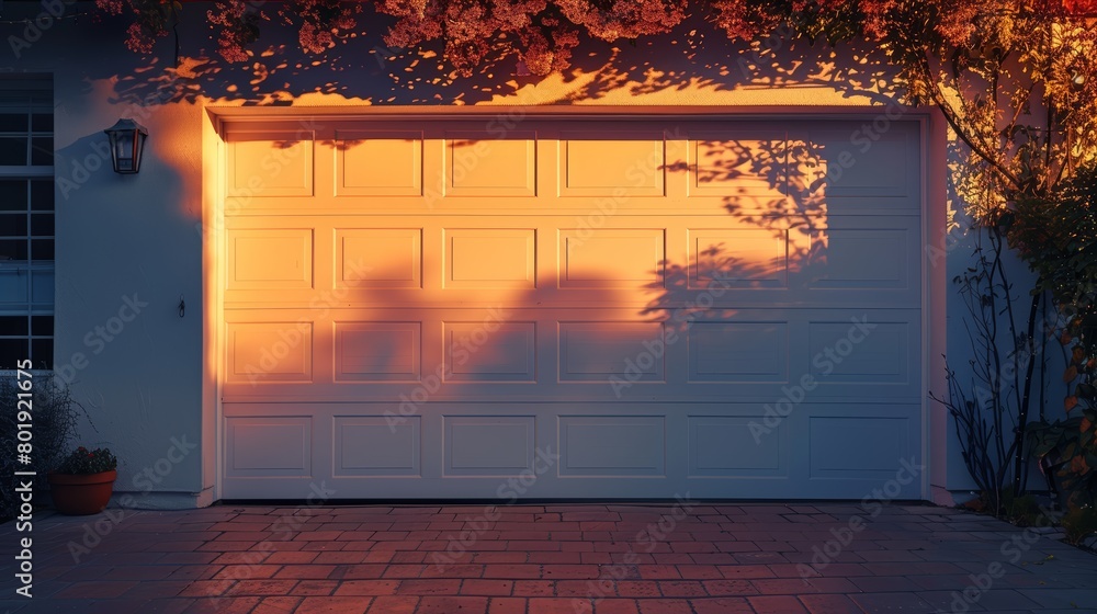 Warm amber lighting enhances the appeal of a white garage door ...