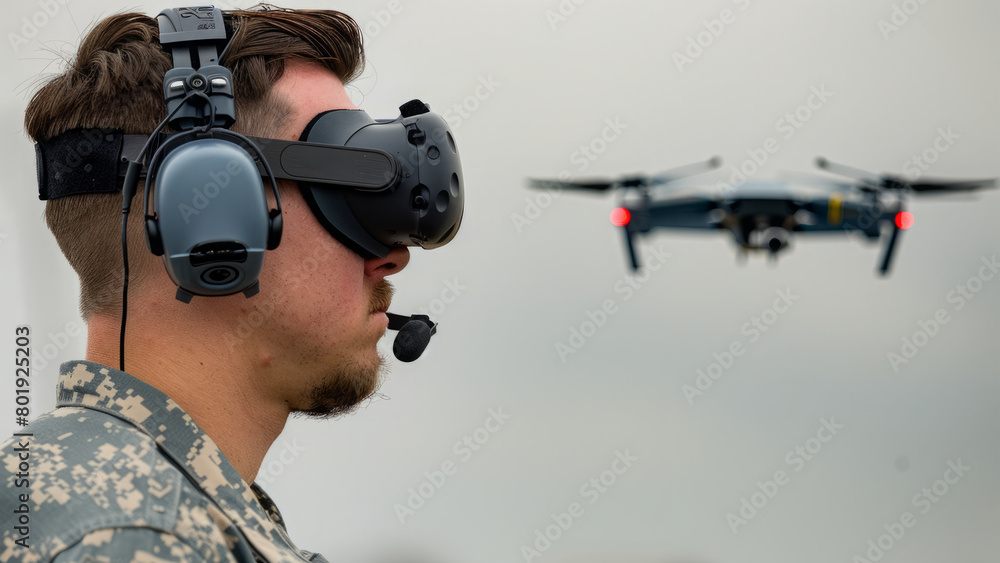 Military man in camouflage and goggles using drone on battlefield. Drone operator at war ...