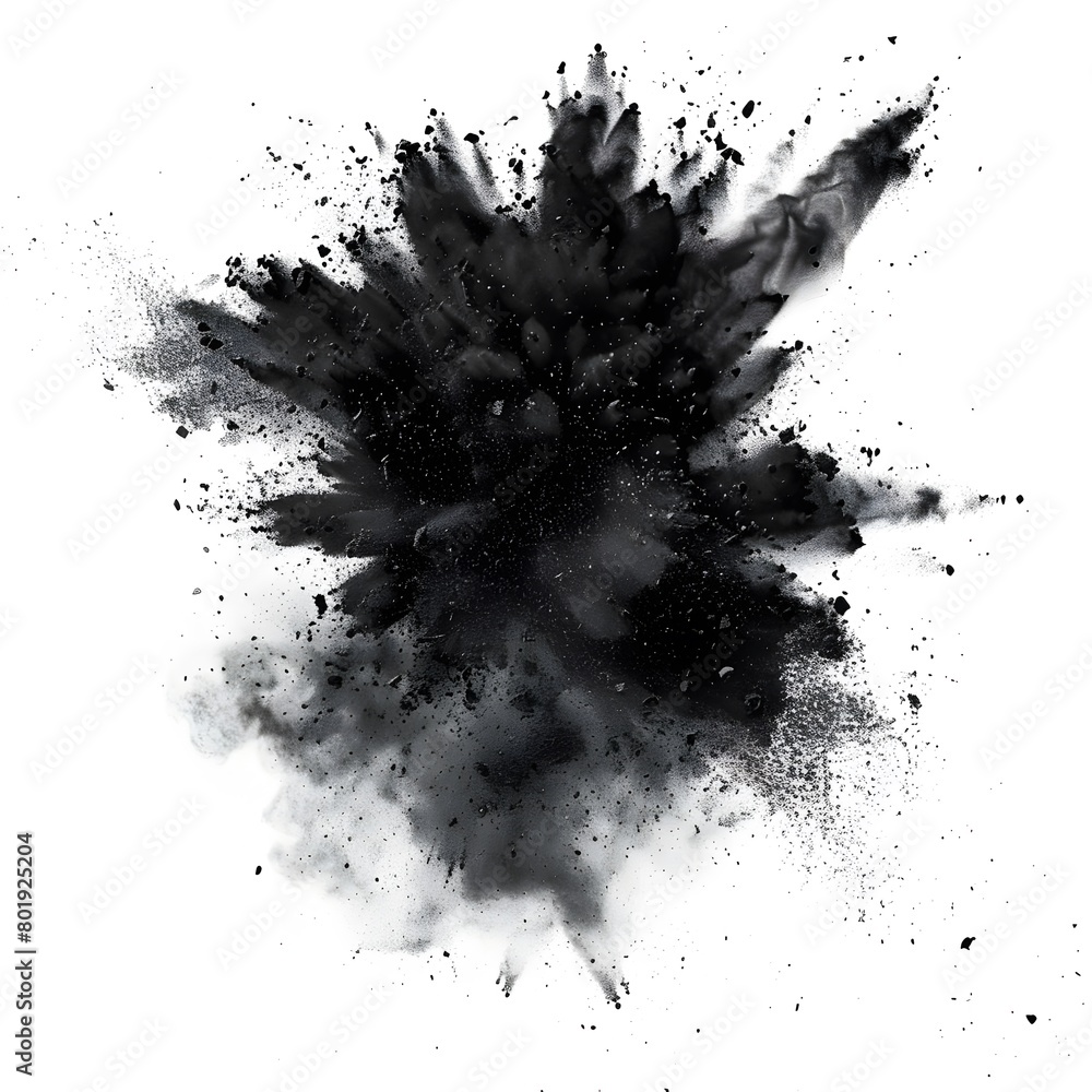 Explosion of black chalk pieces and dust, isolated on white background ...