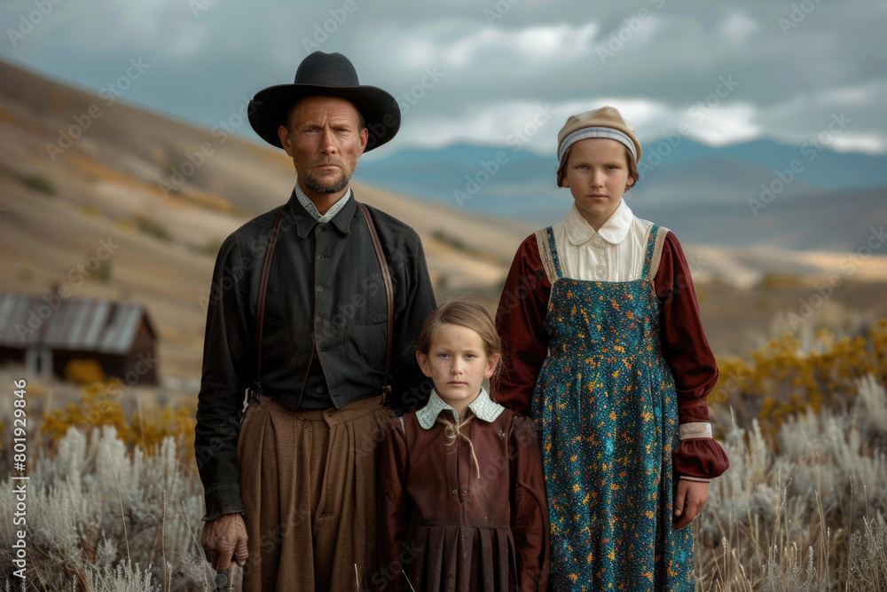 A portrait of the Amish on a mountain peak, with their house and ...