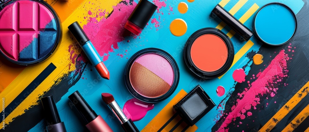 Artistic layout of various makeup items like bright lipsticks and eye ...