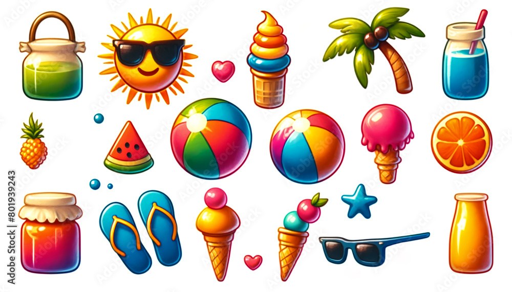 Colorful summer-themed clipart collection, featuring sunglasses-wearing ...