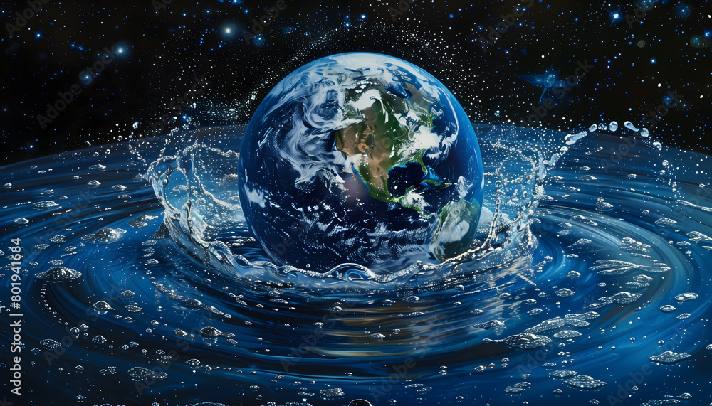 An illustration of planet earth falling into a puddle of water in the ...