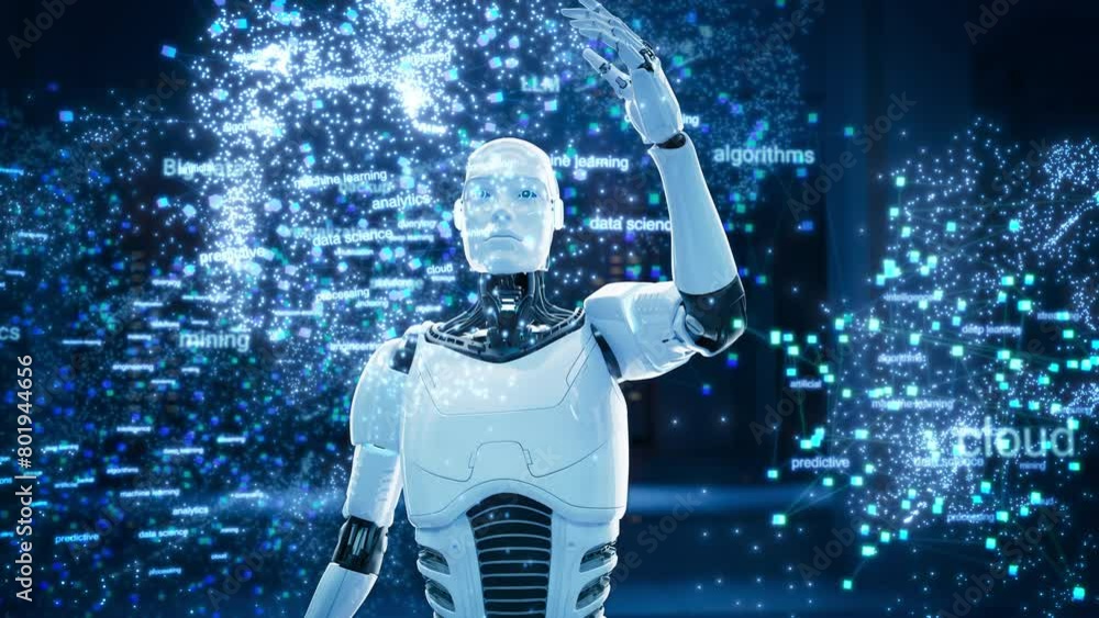 Futuristic Humanoid AI Robot Engages in Advanced Data Analysis and Machine Learning. Utilizing ...