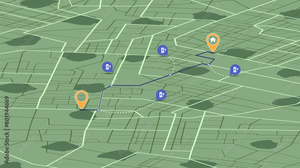 Location EV charging station location on route to home. Gps navigation ...