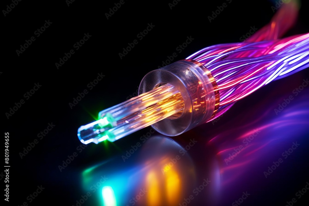Closeup of a fiber optic cable end, showing the vibrant light ...