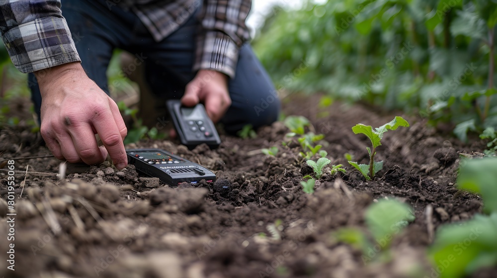 a clean and sharp detail shot of a smart farm soil sensor in the ground ...