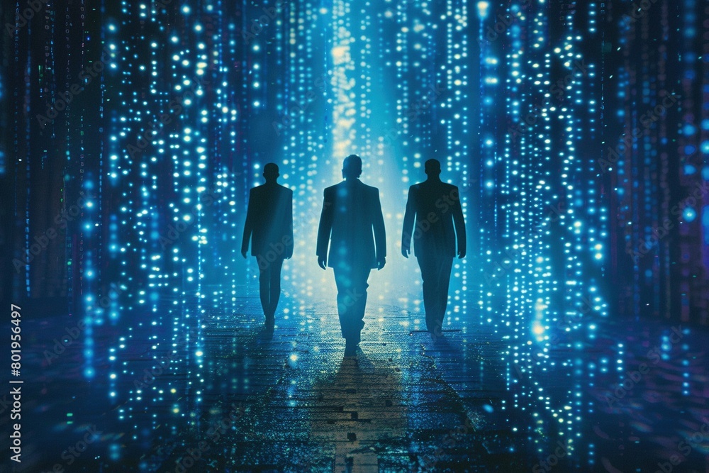 Inspiring teamwork: Silhouettes of business people united as a blue ...