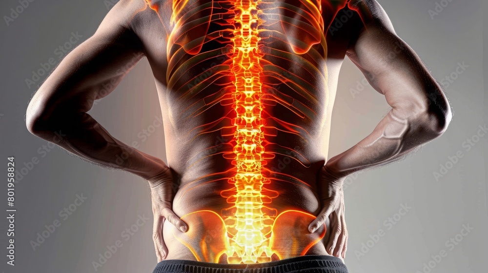 Lower Back Anguish: Person Clutching Spine, X-ray Revealing Red Lumbar ...