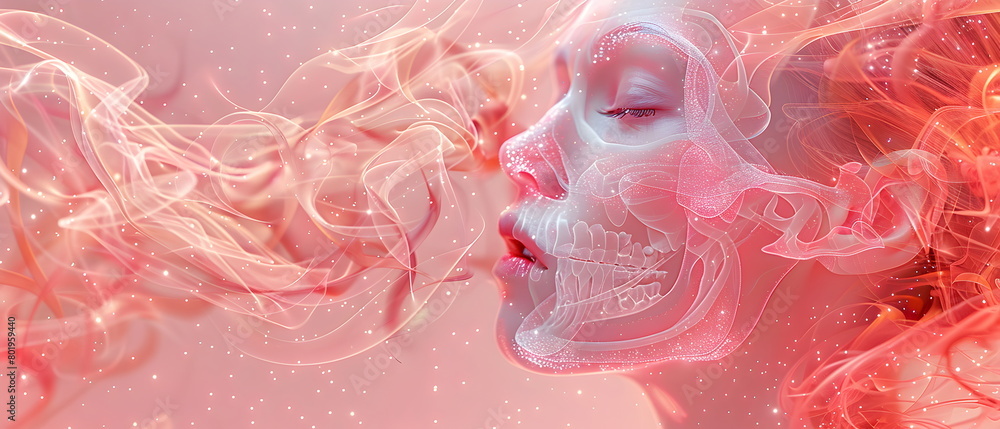 A stylized X-ray image of an American woman's chin, rendered in a soft ...