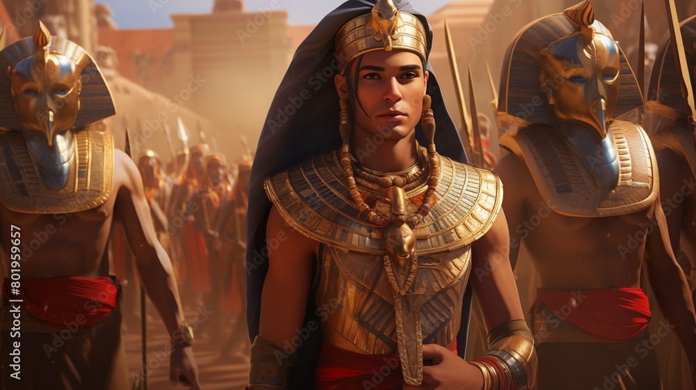 Portrait of an egyptian pharaoh in royal attire and his entourage in ...