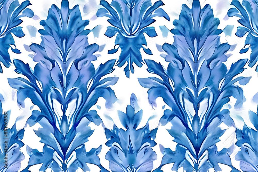 Watercolor painting with a repeating pattern of blue flowers in various ...