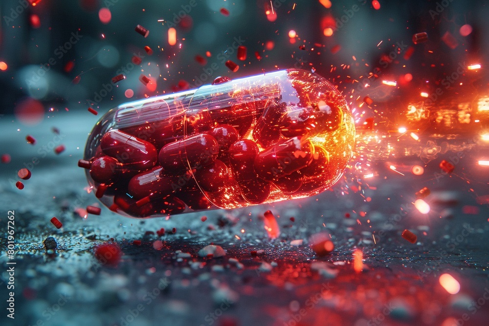 red, pill-shaped bomb descends under cinematic lighting, detonating in ...