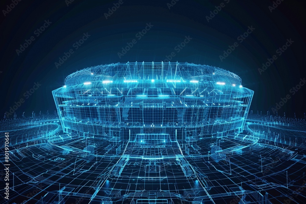 A holographic blueprint of a football stadium, its iconic form outlined ...