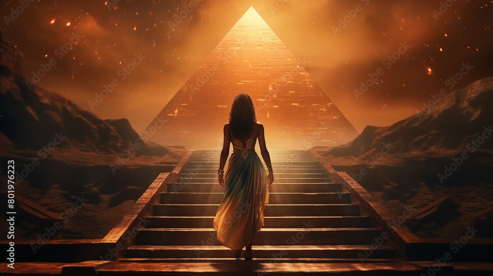 View from the front, egyptian woman queen standing inside the Pyramid ...