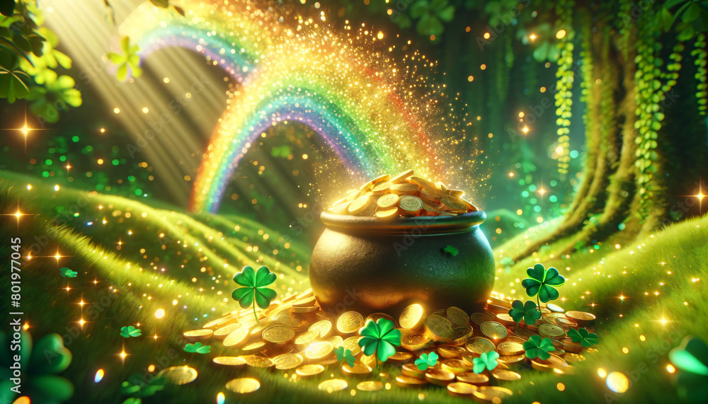 A magical scene with a pot of gold at the end of a rainbow. The pot ...
