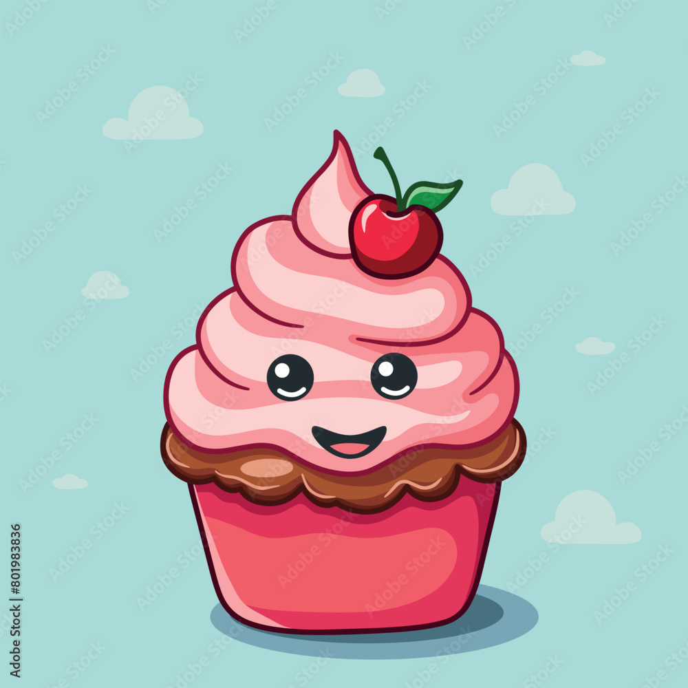 Pink cupcake illustration with cream and berry in kawaii style. Hand ...