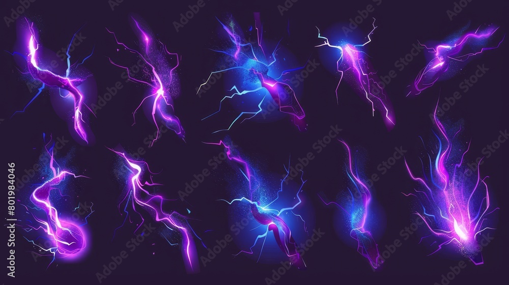 Lightning electric effect, light thunder modern isolated on transparent ...