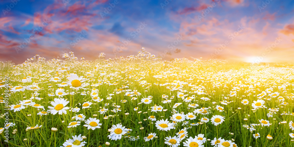 Bright daisy field at sunset.Field of daisies. White daisies in the ...