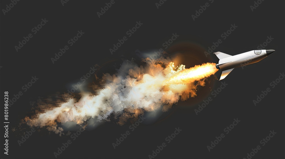 Smoke trail from rocket launch with fire flame modern. Flight explosive ...